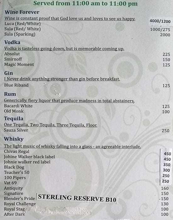 Menu at The Bar, Jaipur, Hotel Whispering Palms