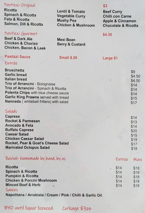 Menu at Pastizzi Cafe, Newtown, 109 King St
