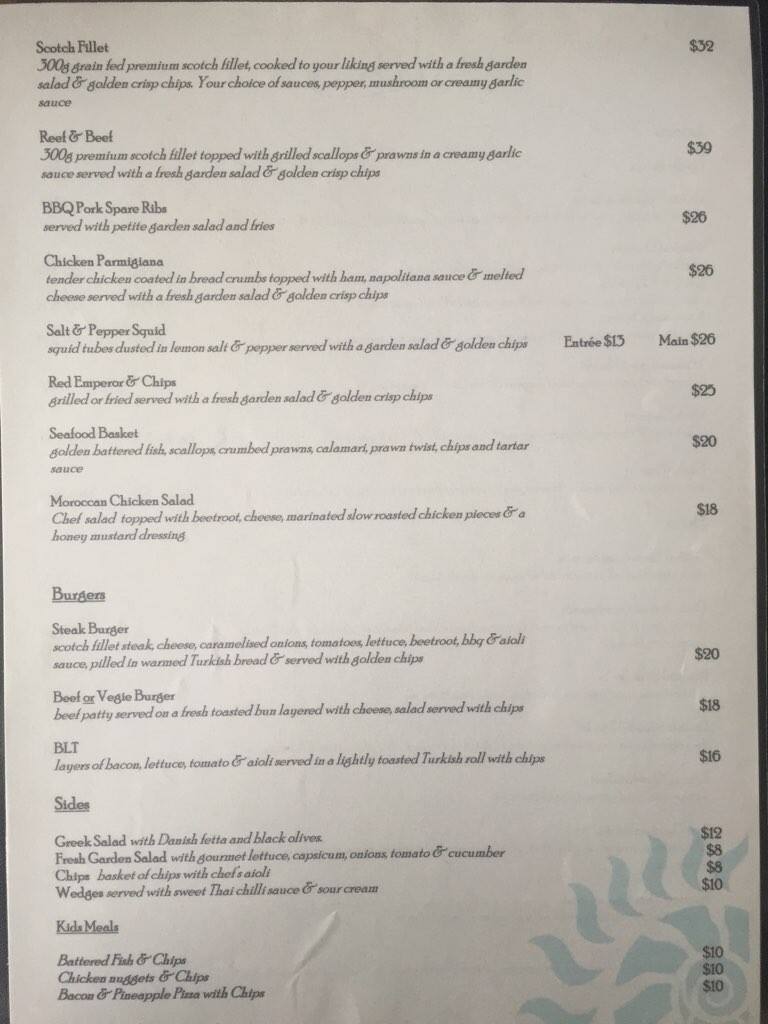 Menu at The Dunes restaurant, Lancelin, 1 North St