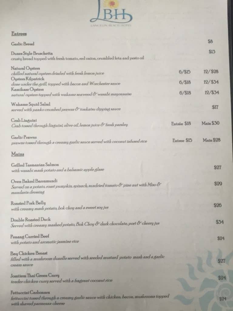 Menu at The Dunes restaurant, Lancelin, 1 North St