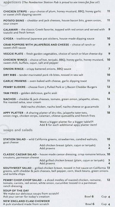 Menu at Pemberton Station Pub, North Vancouver