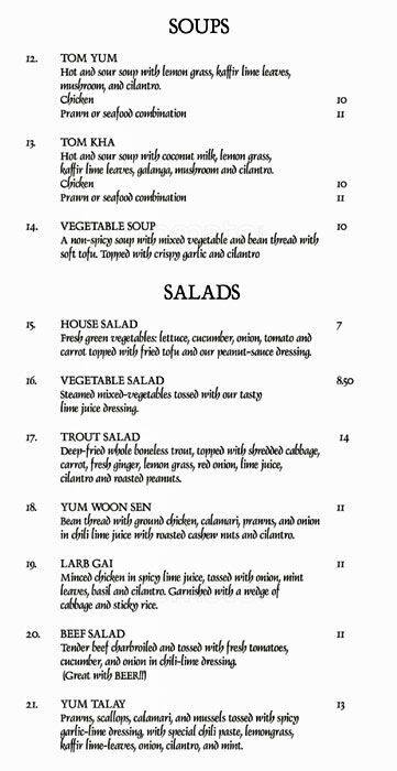 Menu at Buddha Ruksa restaurant, Seattle