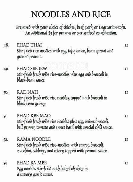 Menu at Buddha Ruksa restaurant, Seattle