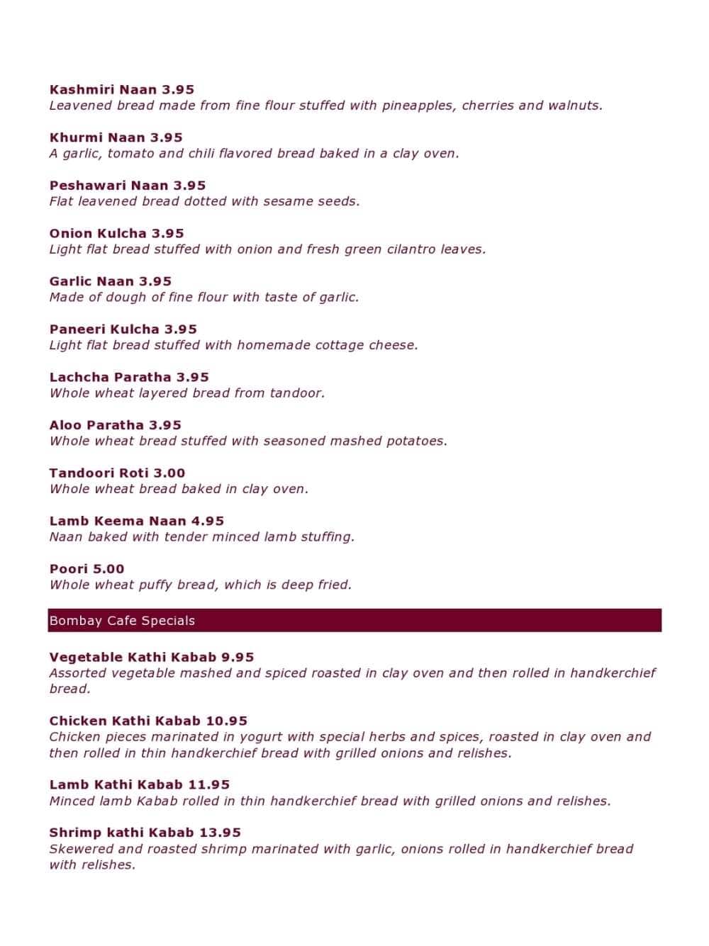 Menu at Bombay Cafe, Boca Raton, 628 Glades Rd