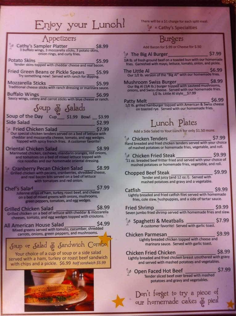 Menu at Cathy's Corner restaurant, Siloam Springs