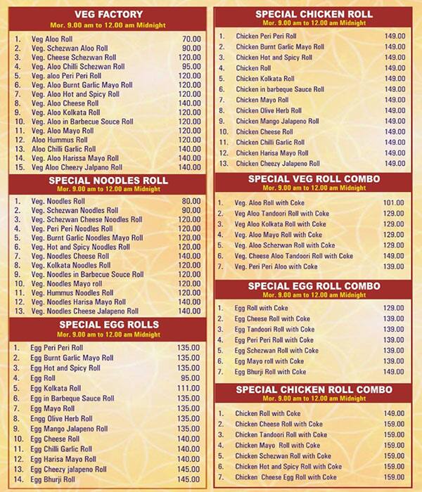 Menu of Roll Factory, Worli, Mumbai