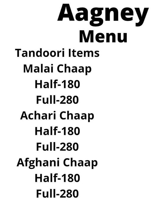 Menu of Aagney, Karkardooma, New Delhi