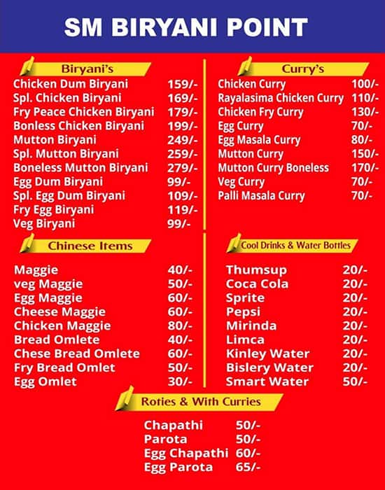 Menu of SM Biryani Point, Ameerpet, Hyderabad