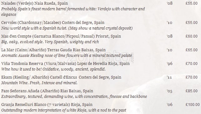 Menu at Moro restaurant, London