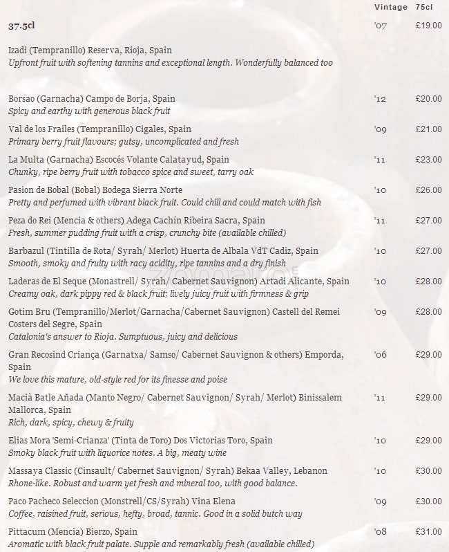 Menu at Moro restaurant, London