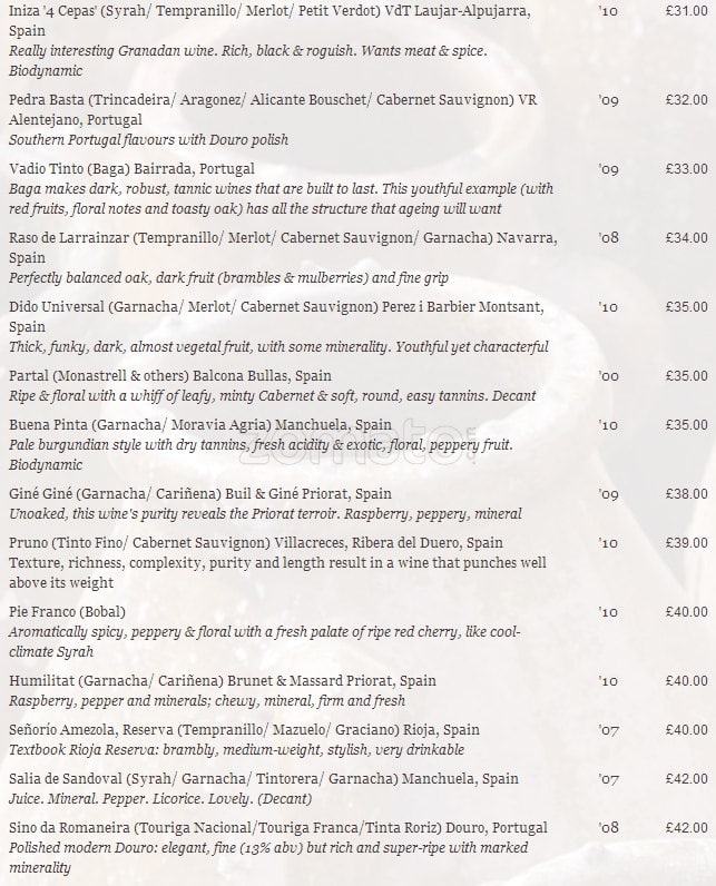 Menu at Moro restaurant, London