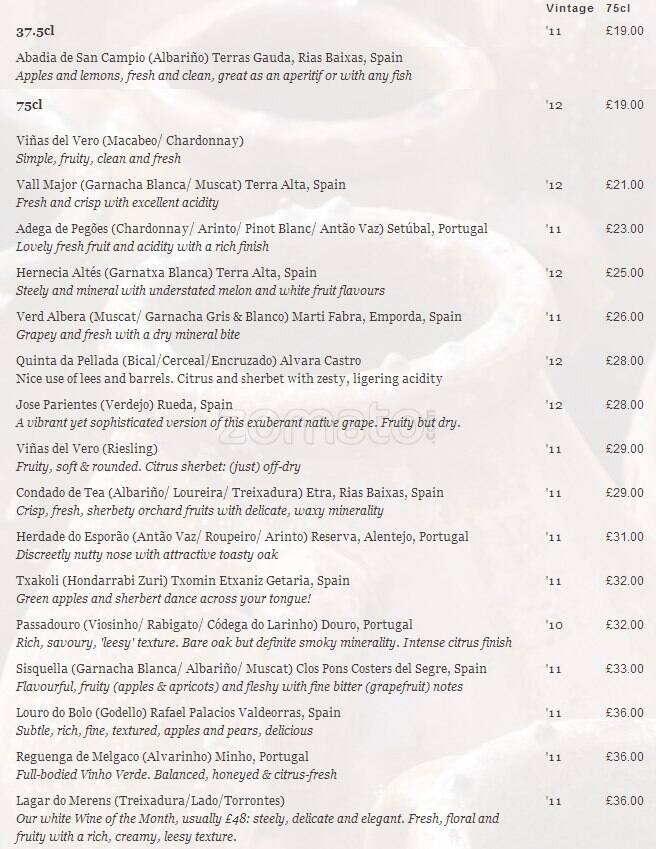 Menu at Moro restaurant, London