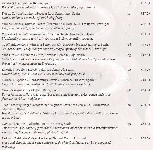 Menu at Moro restaurant, London