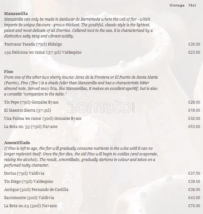 Menu at Moro restaurant, London