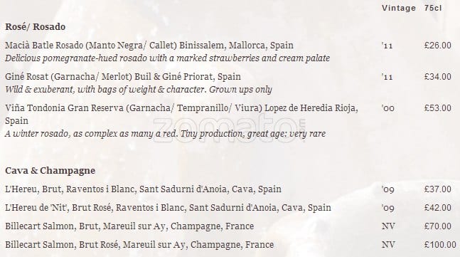 Menu at Moro restaurant, London