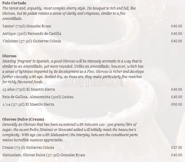 Menu at Moro restaurant, London