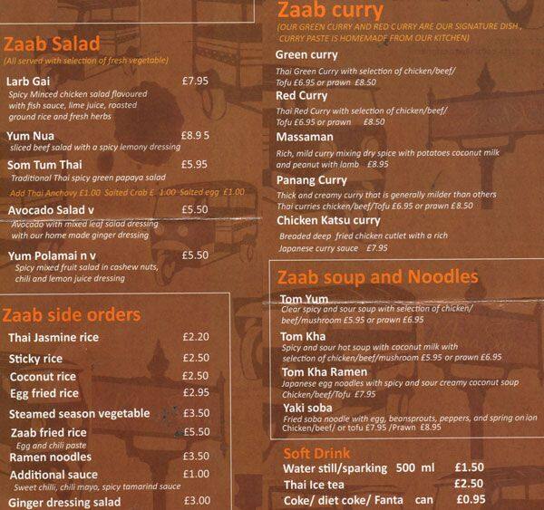 Menu at Thai Zaab restaurant, London