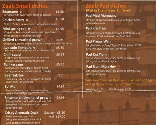 Menu at Thai Zaab restaurant, London