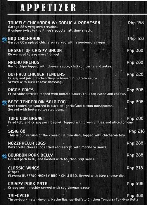 Menu at Garage 88 pub & bar, San Juan