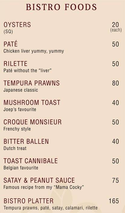 Menu at De Brasserie restaurant, Cape Town