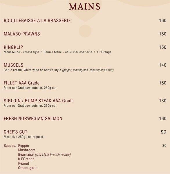 Menu at De Brasserie restaurant, Cape Town