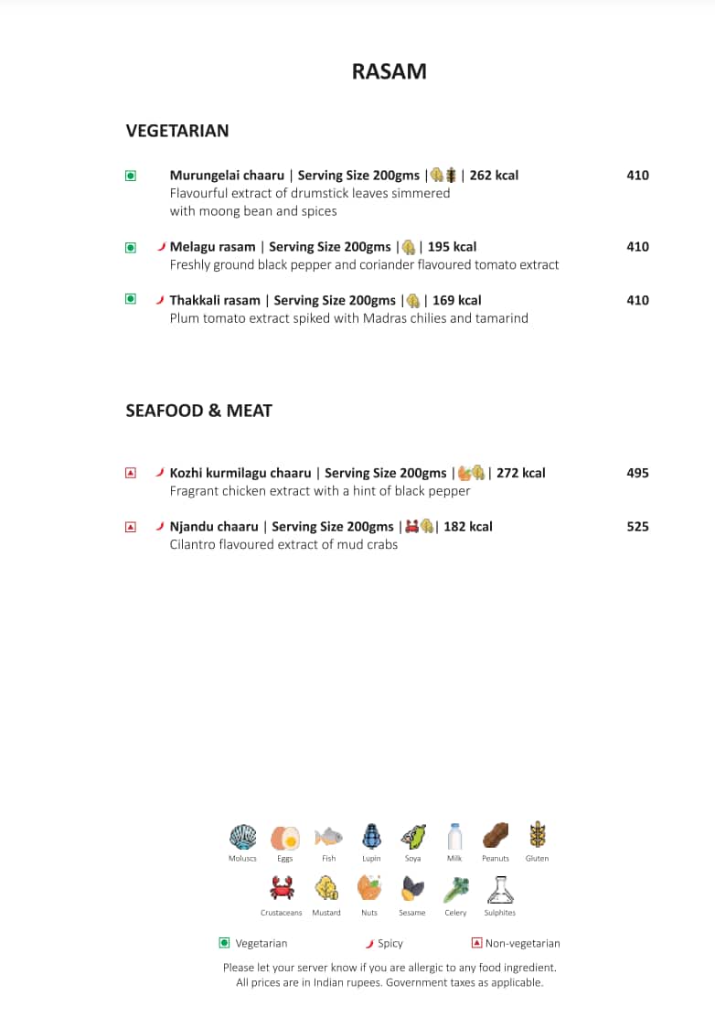 Menu of Southern Spice - Taj Coromandel, Nungambakkam, Chennai