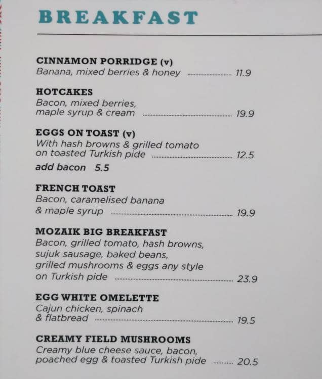 Menu at Mozaik Caffe cafe, Auckland, 61 Constellation Dr