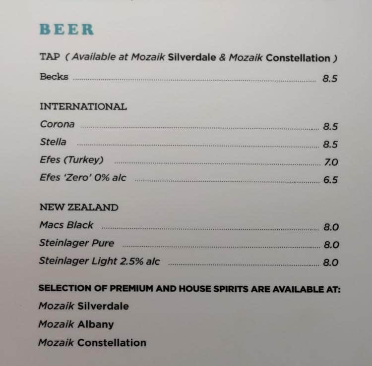 Menu at Mozaik Caffe cafe, Auckland, 61 Constellation Dr