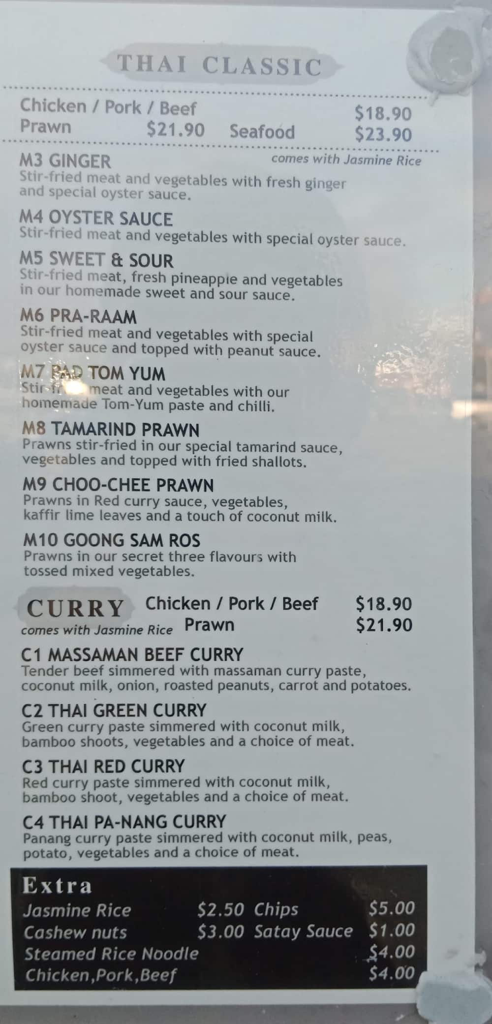 Menu at Chada Thai restaurant, Auckland