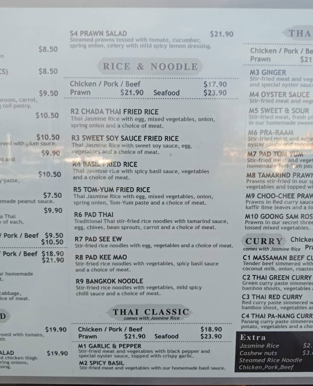 Menu at Chada Thai restaurant, Auckland