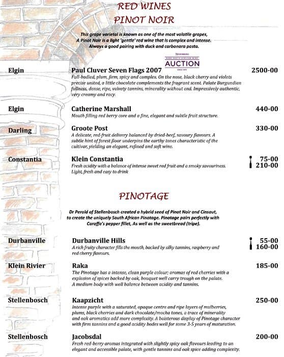 Menu at Caraffa restaurant, Pretoria