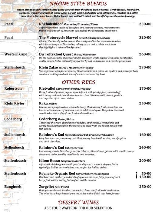 Menu at Caraffa restaurant, Pretoria