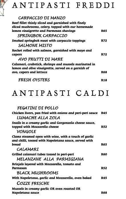 Menu at Caraffa restaurant, Pretoria