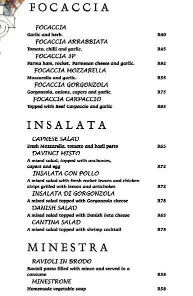 Menu at Caraffa restaurant, Pretoria