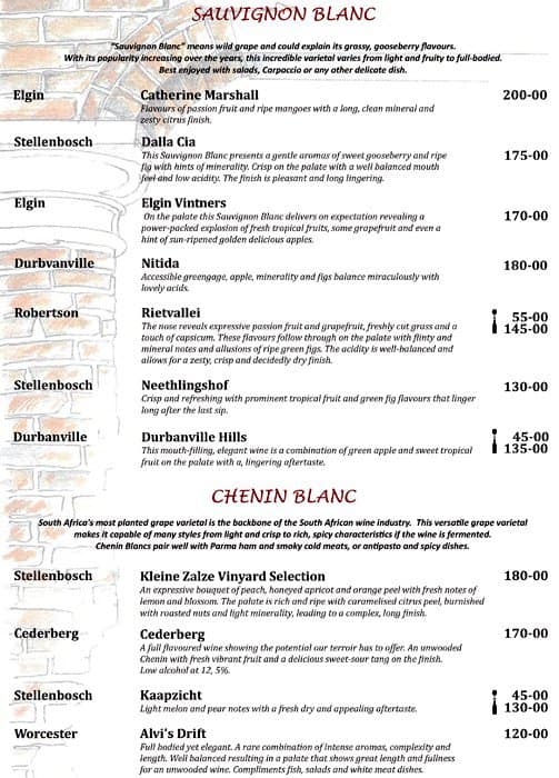 Menu at Caraffa restaurant, Pretoria