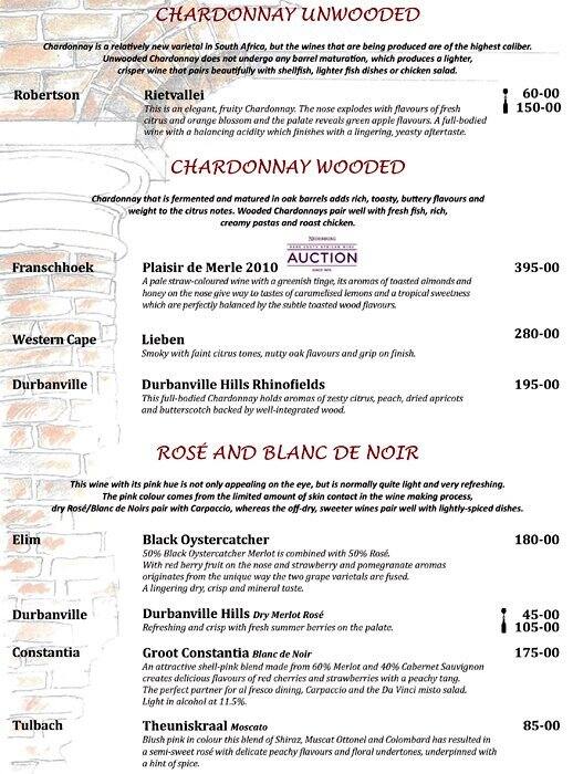 Menu at Caraffa restaurant, Pretoria