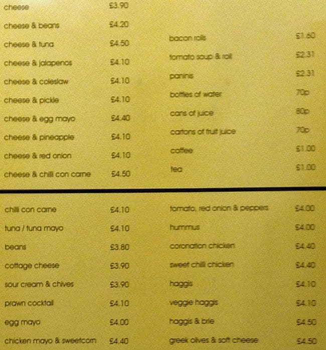 Menu at The Tattie Shop cafe, Edinburgh