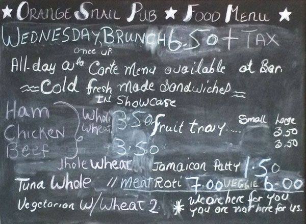 Menu at The Orange Snail restaurant, Toronto