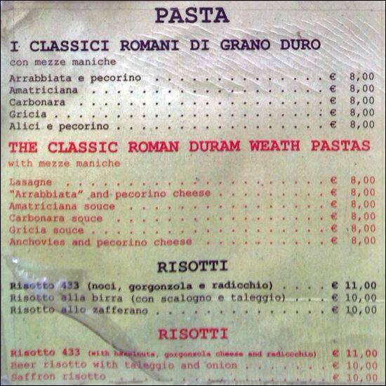 Menu at 433 restaurant, Rome