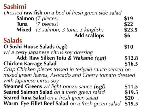 Menu at O-Sushi restaurant, Coolangatta