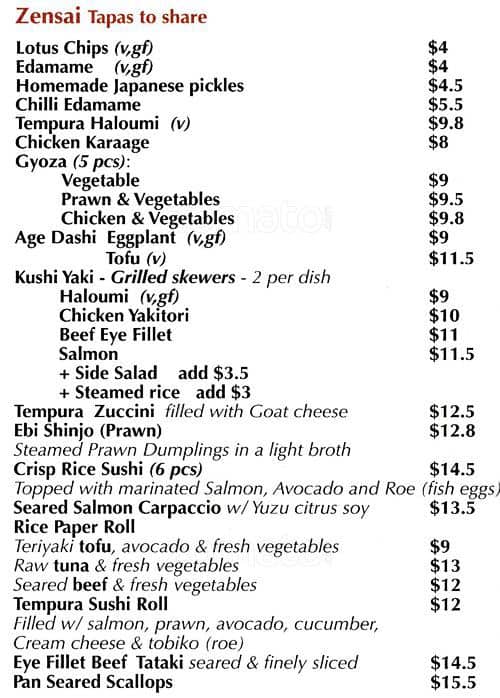 Menu at O-Sushi restaurant, Coolangatta
