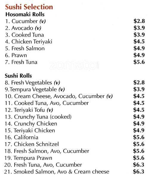 Menu at O-Sushi restaurant, Coolangatta