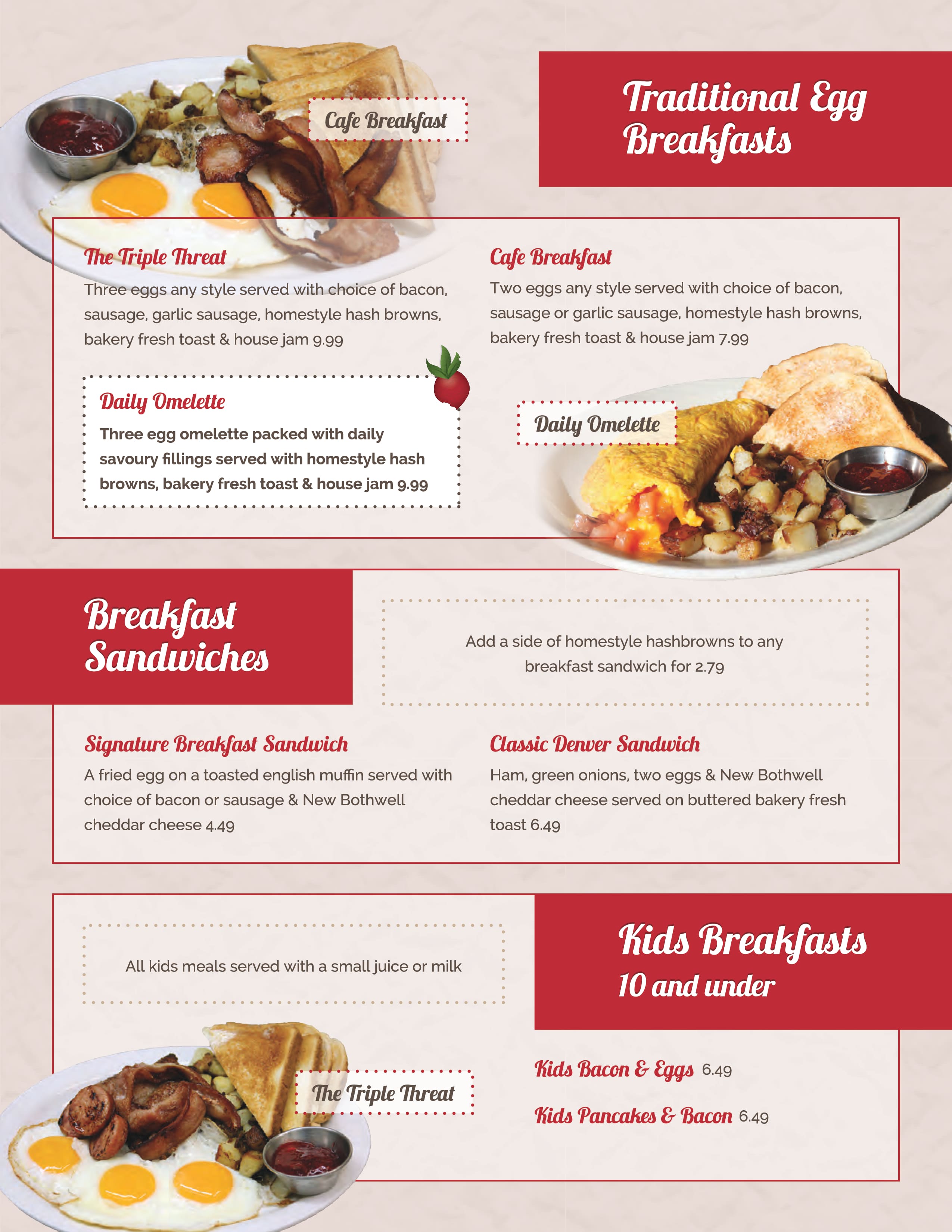 Menu at Spicy Radish Cafe, Canada