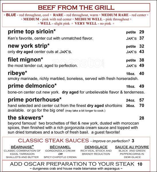 Menu at Jak's Grill restaurant, Seattle, California Ave SW