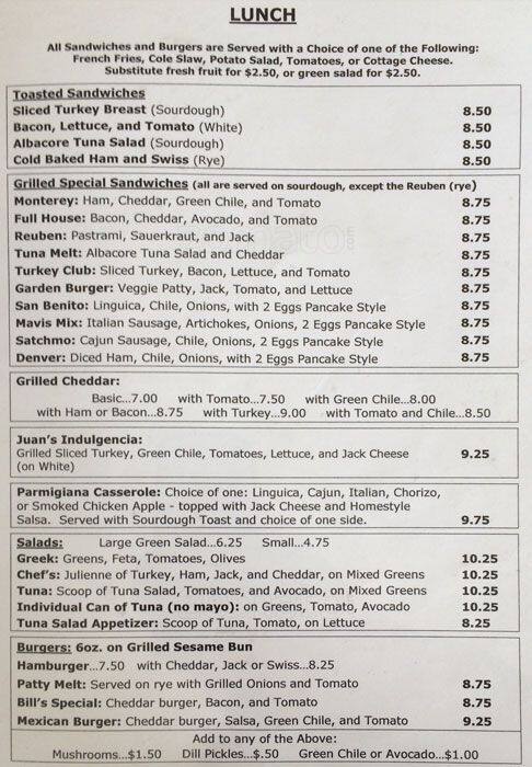 Menu at Main Street Grill restaurant, Half Moon Bay