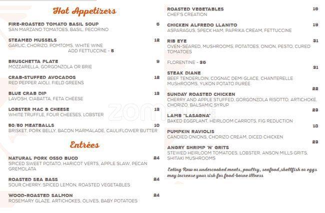 Menu at Zanata steakhouse, Rockwall