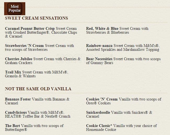 Menu at Marble Slab Creamery desserts, Charlotte, Rea Rd C