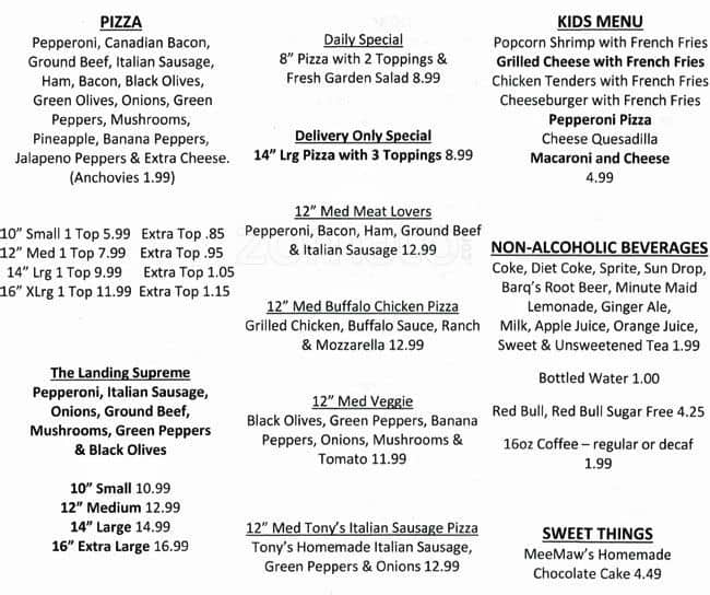 Menu at Landing Restaurant, Sherrills Ford
