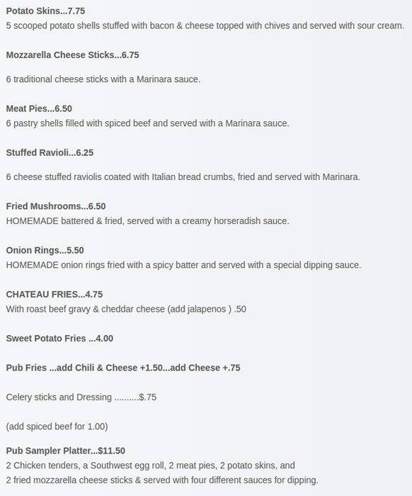 Menu at Chateau Pub & Restaurant, Kenner, Chateau Blvd