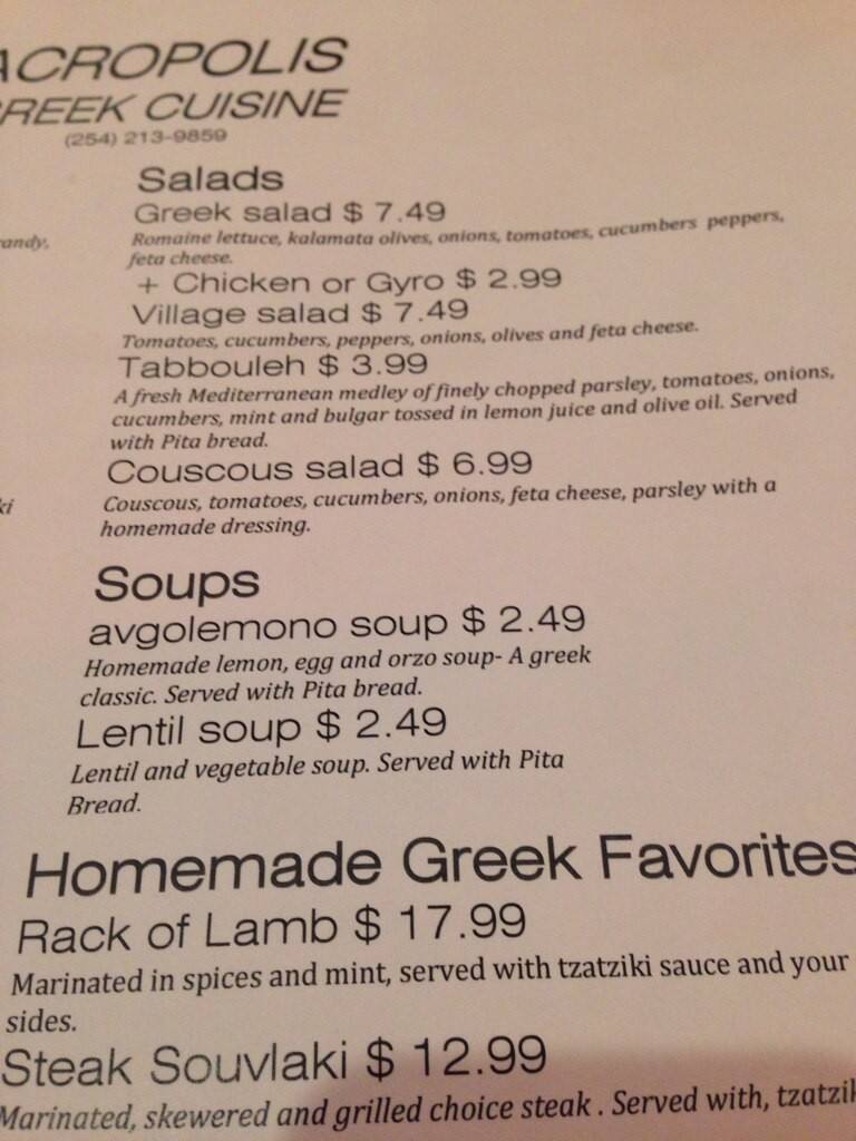 Menu at Acropolis cafe, Harker Heights